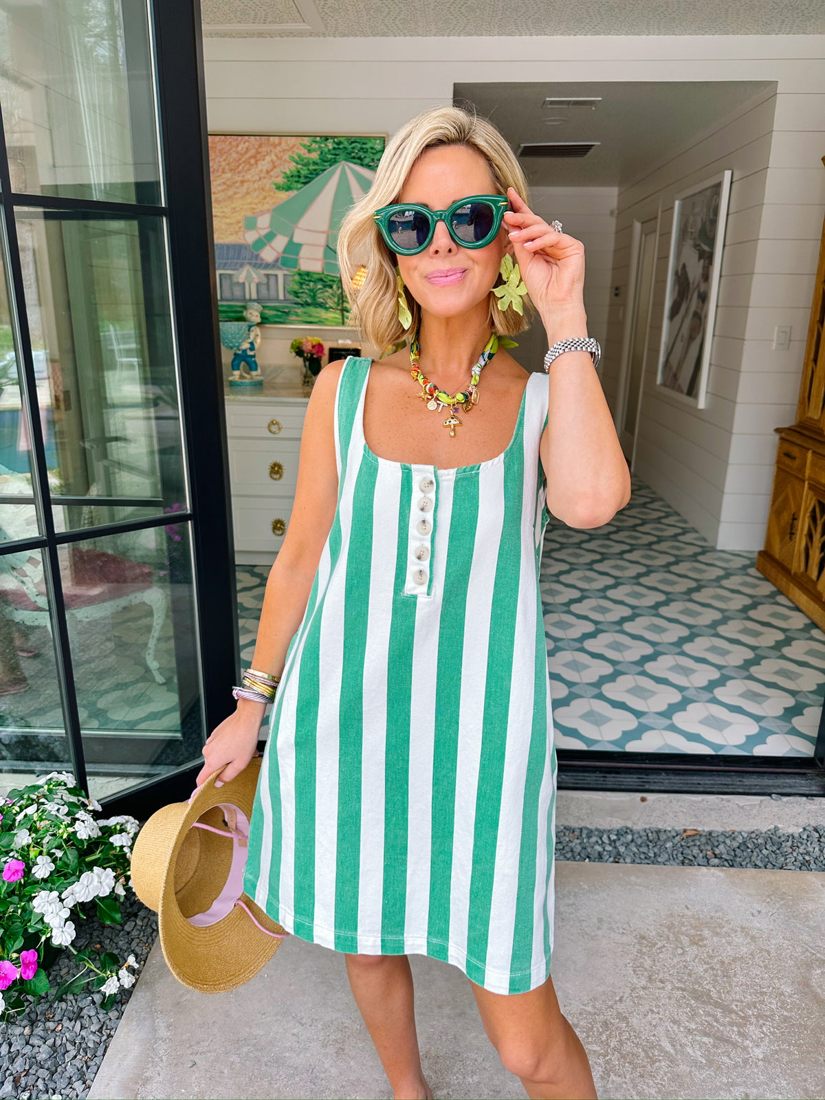 MEET ME FOR A SPRITZ STRIPE DRESS - GREEN — Hale House Boutique